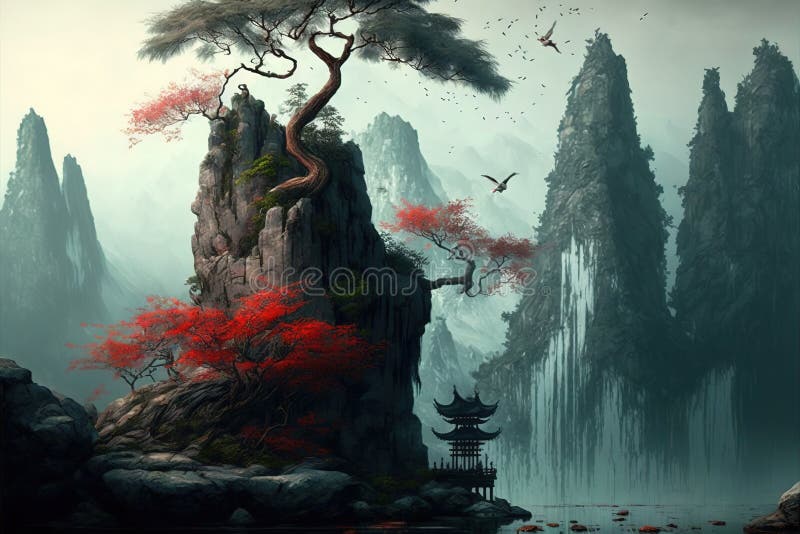 Beautiful Chinese Nature Environment Stock Illustration - Illustration ...