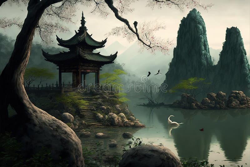 Beautiful Chinese Nature Environment Stock Illustration - Illustration ...