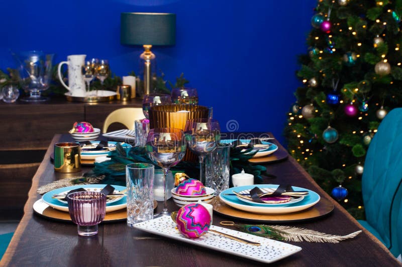Christmas Dining Room Table Decoration Stock Image - Image of purple ...