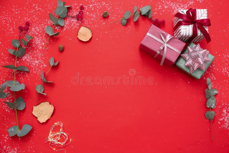 Beautiful Christmas Gift Boxes and Decor on Color Table Stock Image ...