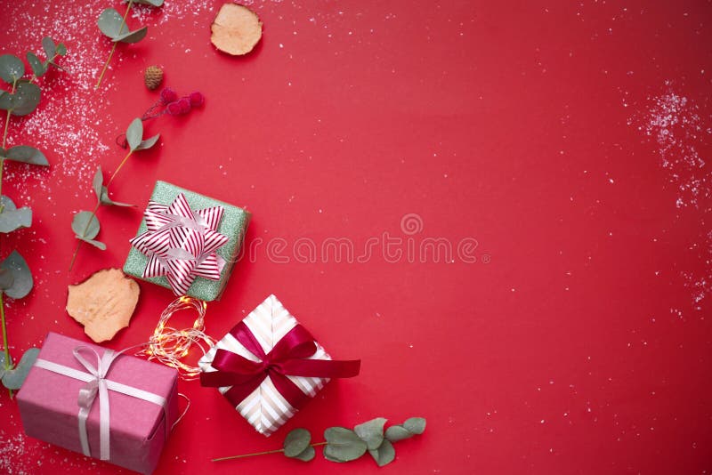 Beautiful Christmas Gift Boxes and Decor on Color Table Stock Photo ...