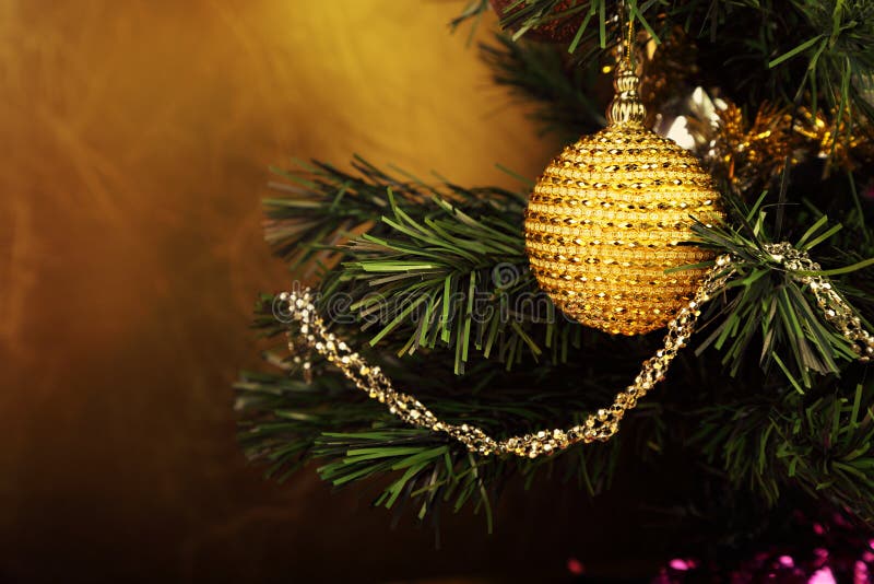 Beautiful Christmas Green Tree with Yellow Ball on the Branches Stock ...