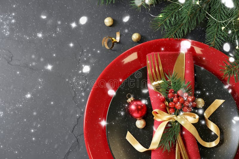 Beautiful Christmas Table Setting Black Background Top View Space Text ...