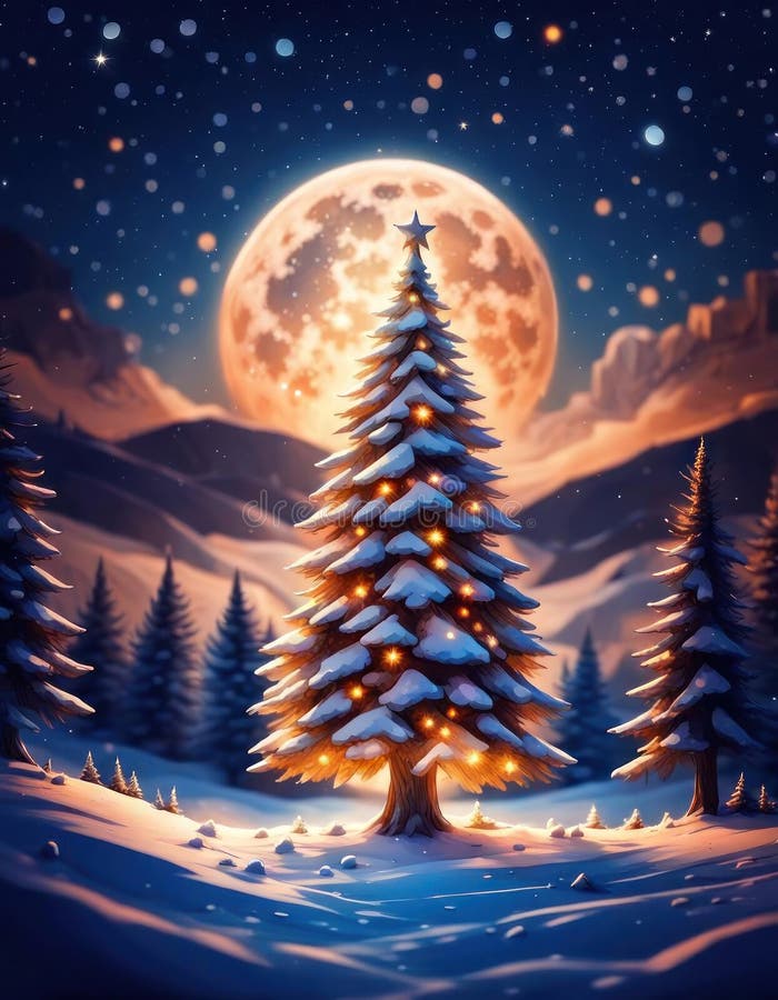 Beautiful Christmas Tree and Full Moon Stock Illustration ...