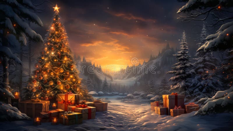 Beautiful Christmas Tree with Gift Boxes in Winter Landscape ...