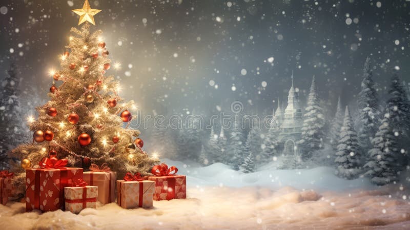 Beautiful Christmas Tree with Gift Boxes in Winter Landscape ...