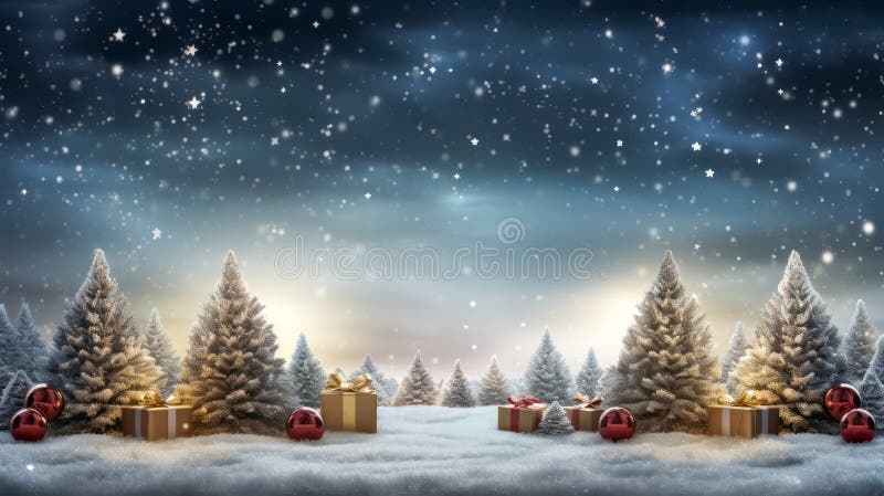 Beautiful Christmas Tree with Gift Boxes in Winter Landscape ...