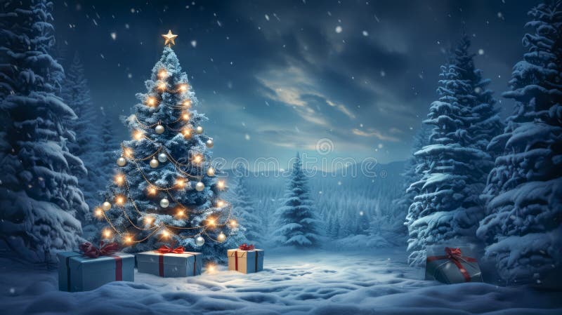 Beautiful Christmas Tree with Gift Boxes in Winter Landscape ...