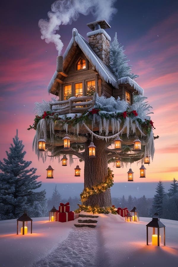 A Beautiful Christmas Tree House Featuring a Large Decorated Tree Stock ...