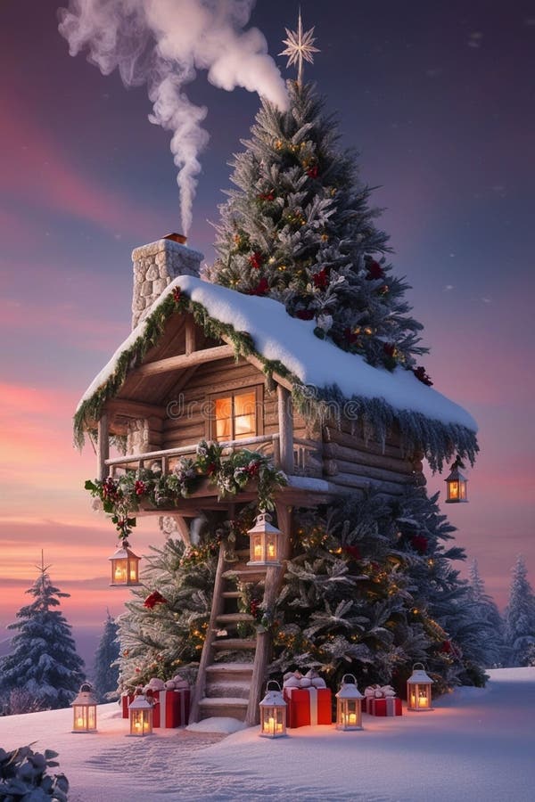 A Beautiful Christmas Tree House Featuring a Large Decorated Tree Stock ...