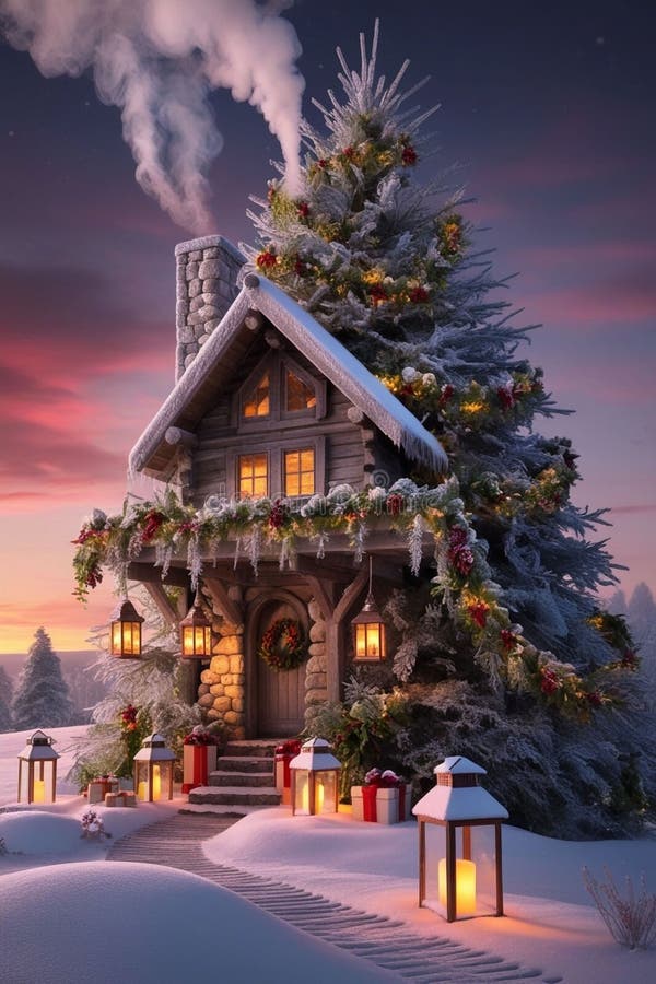 A Beautiful Christmas Tree House Featuring a Large Decorated Tree Stock ...