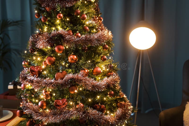 Beautiful Christmas Tree and Lamp Stock Photo - Image of home, living ...