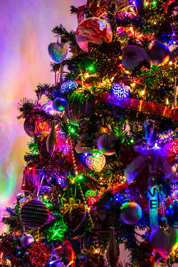 Beautiful Christmas Tree with Lights and Decorations Stock Photo ...