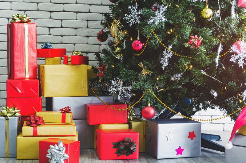 Beautiful Christmas Tree with Presents Stock Photo - Image of fireplace ...