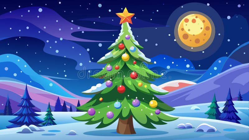 Beautiful Christmas Tree with Snow and Moon and Copy Space Stock Vector ...