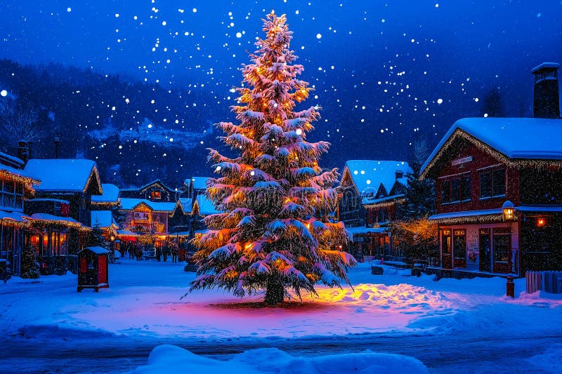 Beautiful Christmas Tree in a Town Square at Night Stock Illustration ...