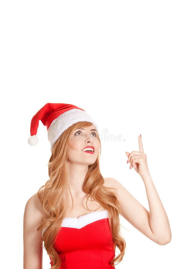 Beautiful Christmas Woman Point Out on Copyspace Stock Photo - Image of ...