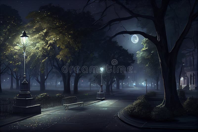 Beautiful City Park in the Rays of Moonlight and Lights on. AI ...