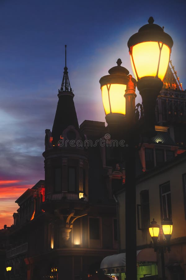 Beautiful Cityscape with Glowing Streetlights in Evening Stock Image ...