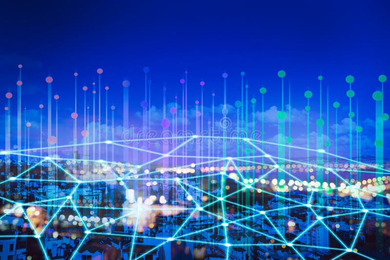 Cityscape and Network Connection Lines Stock Image - Image of night ...