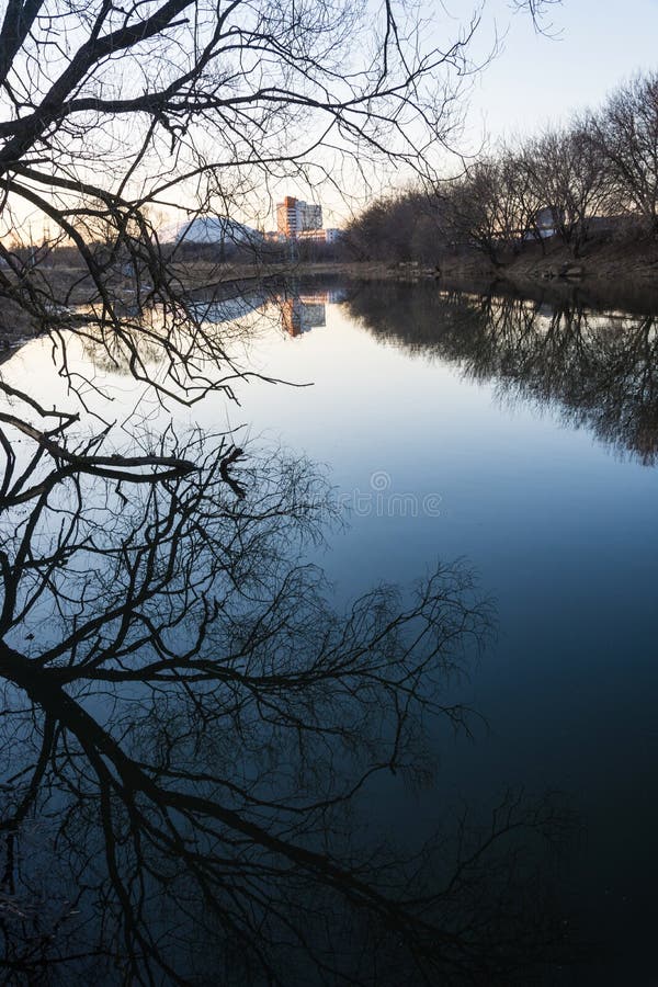 Beautiful Cityscape with a Small River and Bare Branches of Trees Stock ...