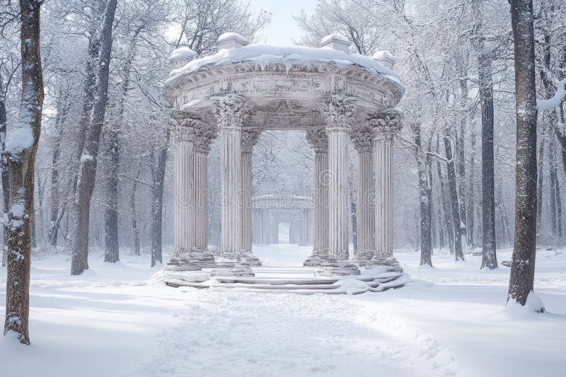 Snow Covers a Stunning Classical Temple in a Serene Winter Forest ...