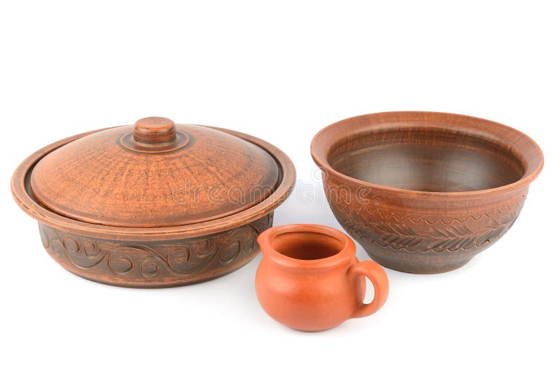 Beautiful Clay Pots and Cup Isolated on Whit Stock Photo - Image of ...