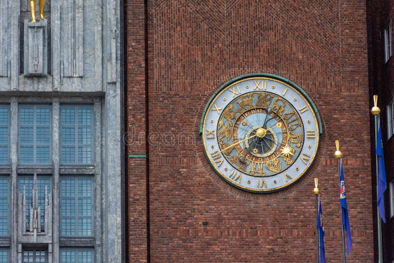 Beautiful Clock on the External Wall of the Oslo Town Hall, Norway ...