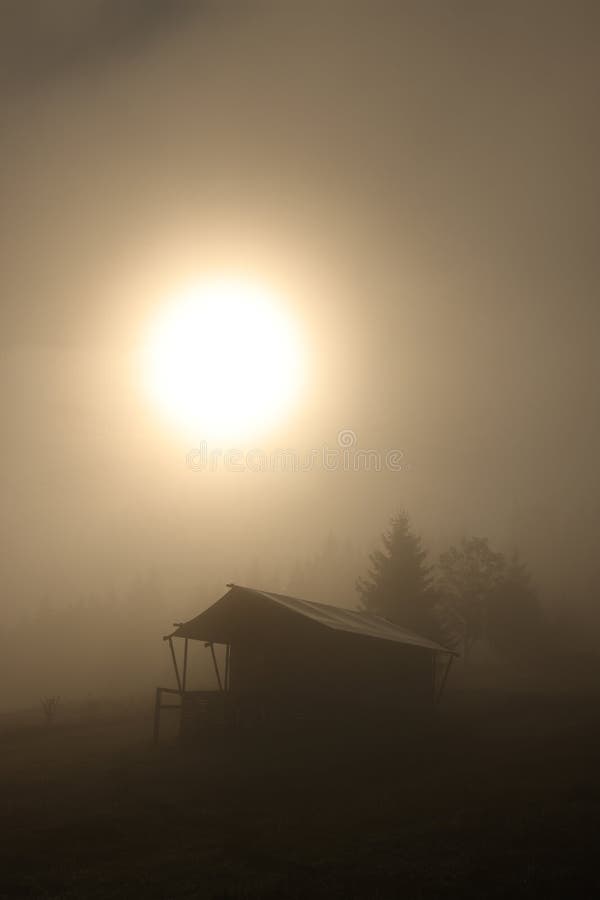 Beautiful Cloudless Morning Sky and House in Mountains at Sunrise Stock ...