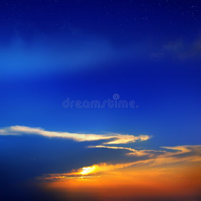 Cloudscape of Colorful Sunset Sky with Shining Sun and Stars Stock ...