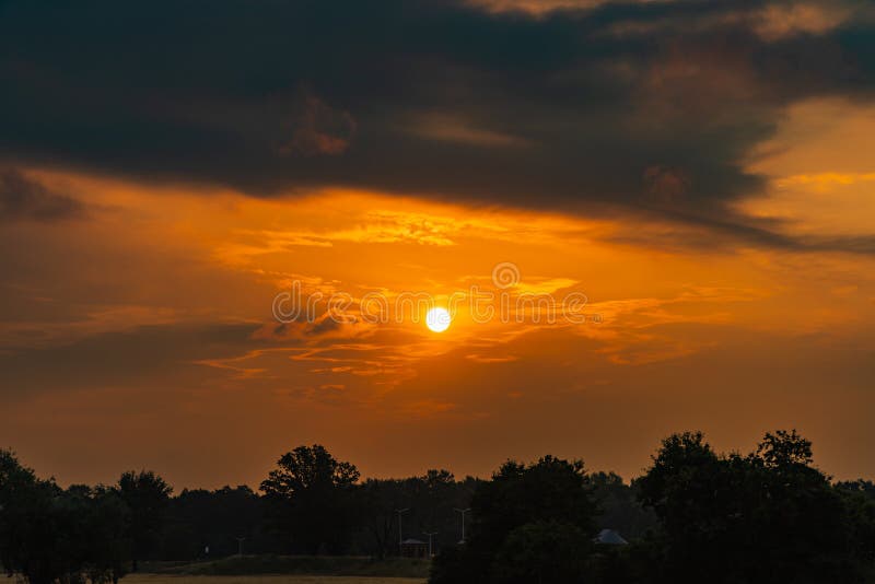 Beautiful Cloudy Sunrise Over Big Yellow Field and Trees of Forest ...
