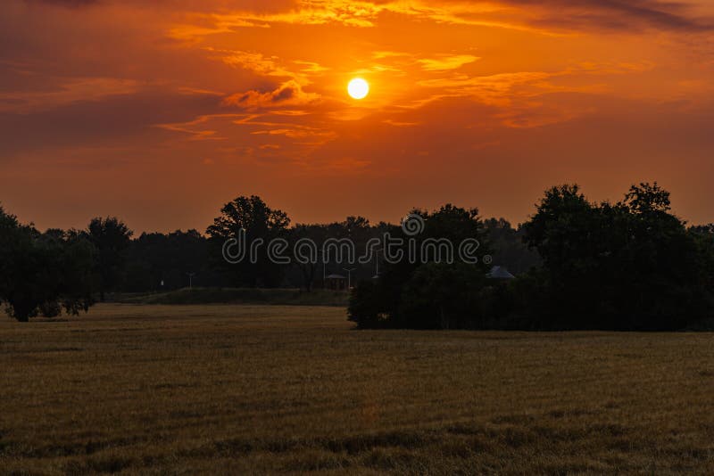 Beautiful Cloudy Sunrise Over Big Yellow Field and Trees of Forest ...
