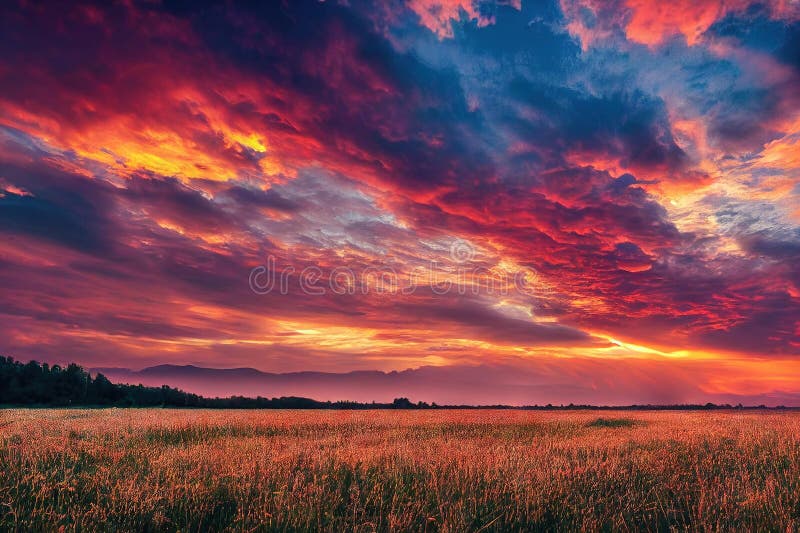 Beautiful Cloudy Sunset Dramatic Sky Over Green Field. Stock ...