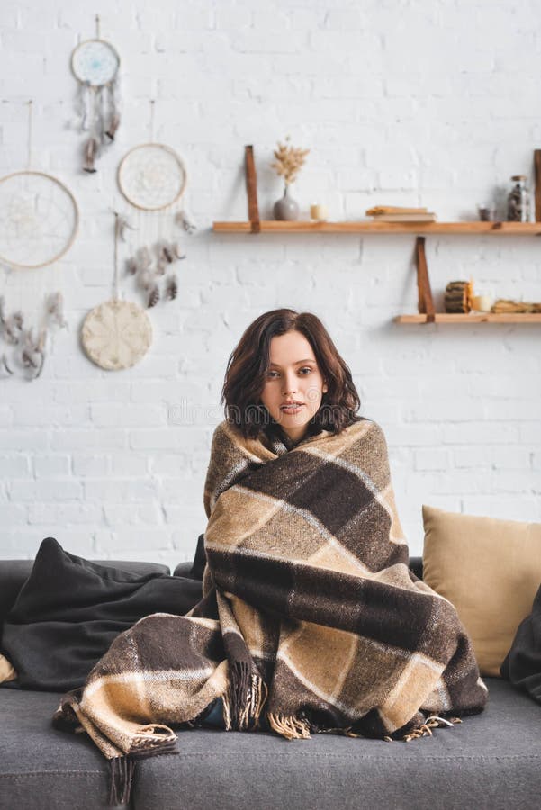 Cold Girl Warming Up with Blanket on Sofa Stock Image - Image of pretty ...