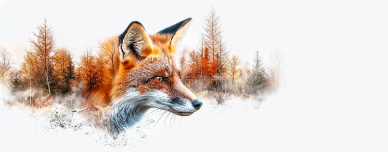 Double Exposure with Fox and Forest on White Stock Image - Image of ...