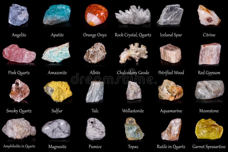Beautiful Collection of Geological Minerals on a Black Background Stock ...
