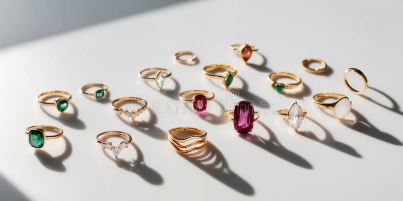 Beautiful Collection of Gold and Gemstone Rings on Display. Stock Photo ...