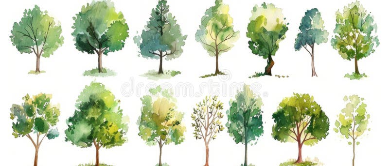 A Beautiful Collection of Hand-drawn Watercolor Trees in a Forest Tree ...