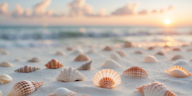 Beautiful Collection Seashells Soft Sandy Beach Sunset Stock Photos ...