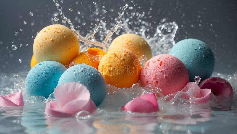 Beautiful Colored Bath Bombs Water Drops Design Soapy Composition Stock ...
