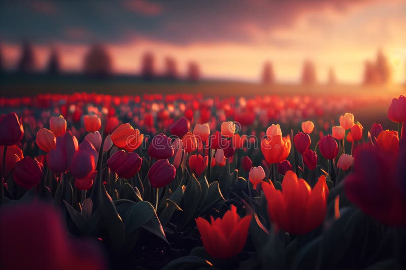 Beautiful Colored Tulip Fields in the Netherlands in Spring at Sunset ...