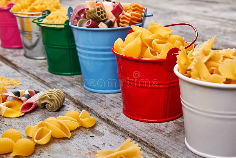 Beautiful Colorful Buckets with Pasta. Stock Image - Image of ...