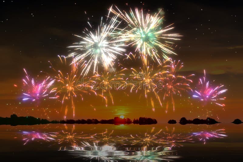 Beautiful Fireworks in Front of a Sunset at the Beach Stock Photo ...
