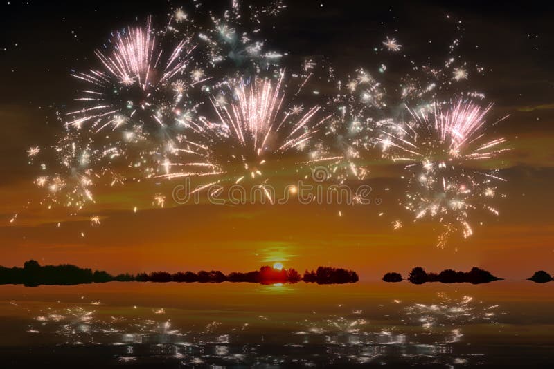 Beautiful Fireworks in Front of a Sunset at the Beach Stock Photo ...