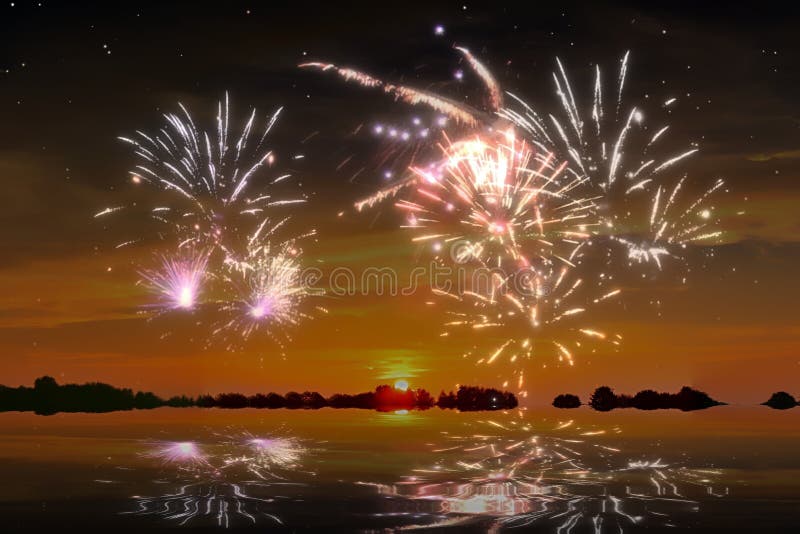 Beautiful Fireworks in Front of a Sunset at the Beach Stock Photo ...