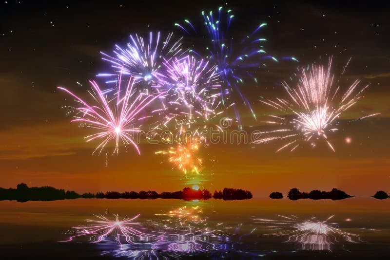 Beautiful Fireworks in Front of a Sunset at the Beach Stock Photo ...