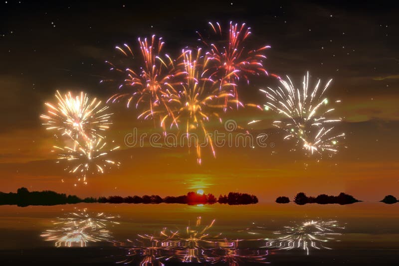 Beautiful Fireworks in Front of a Sunset at the Beach Stock Photo ...