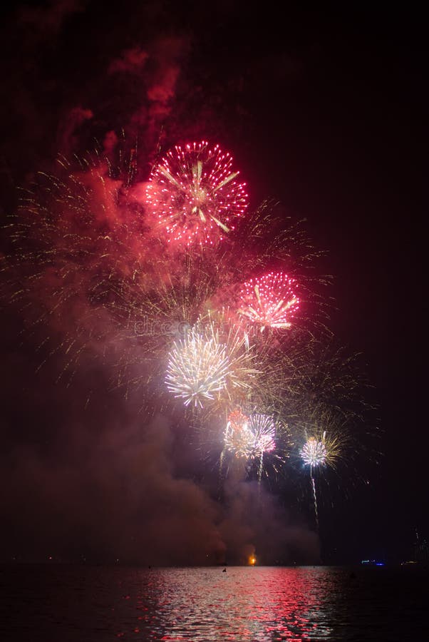 Beautiful Colorful Fireworks on the Water Surface with Reflection Stock ...