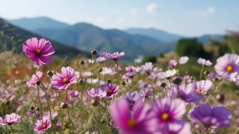 Beautiful Colorful Flower Cosmos Fields with Blur Mountain Background ...