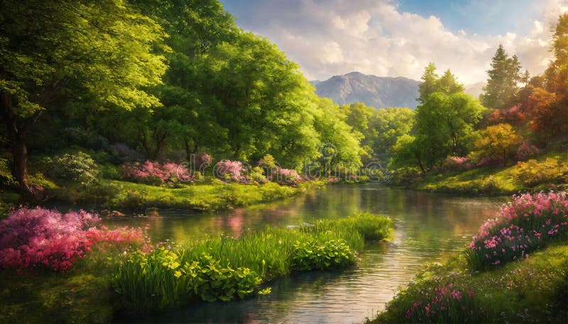 Beautiful Colorful Spring Landscape with River and a Green Highlans ...